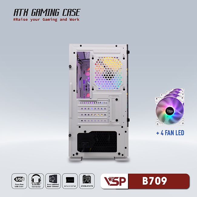 Vỏ Case Máy Tính VSP Gaming Mid Tower B709 - Trắng + 4Fans Led