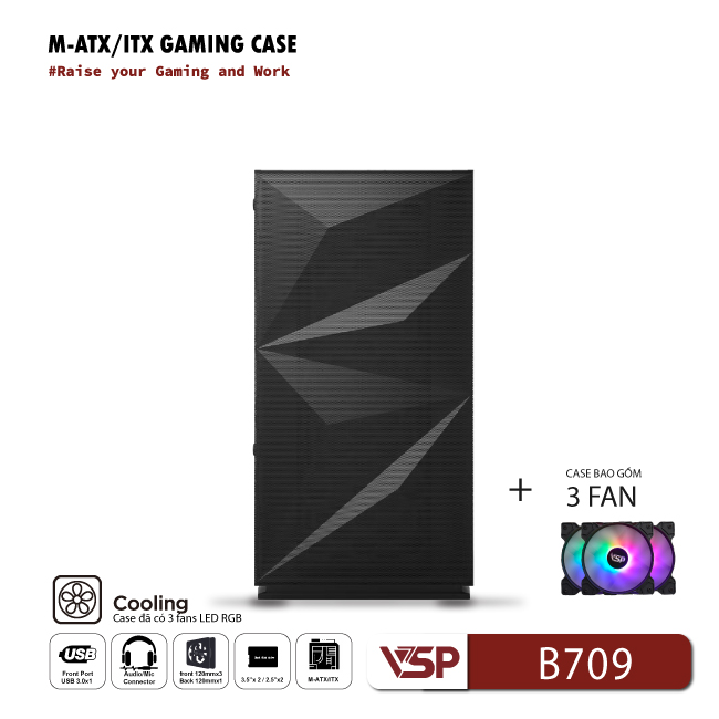 Vỏ Case Máy Tính VSP Gaming Mid Tower B709 - Đen + 3 Fans Led